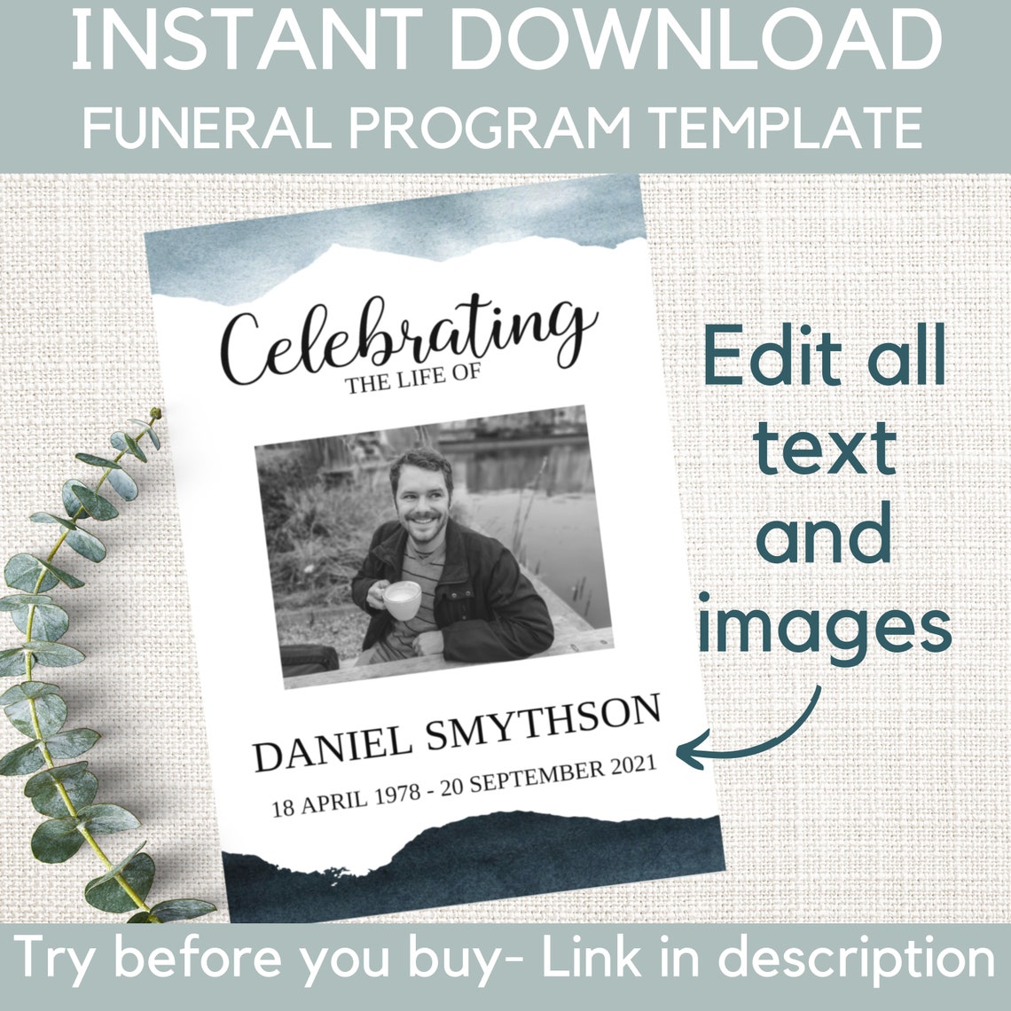 Editable Funeral Program Template for Men. Celebration of Life or ...