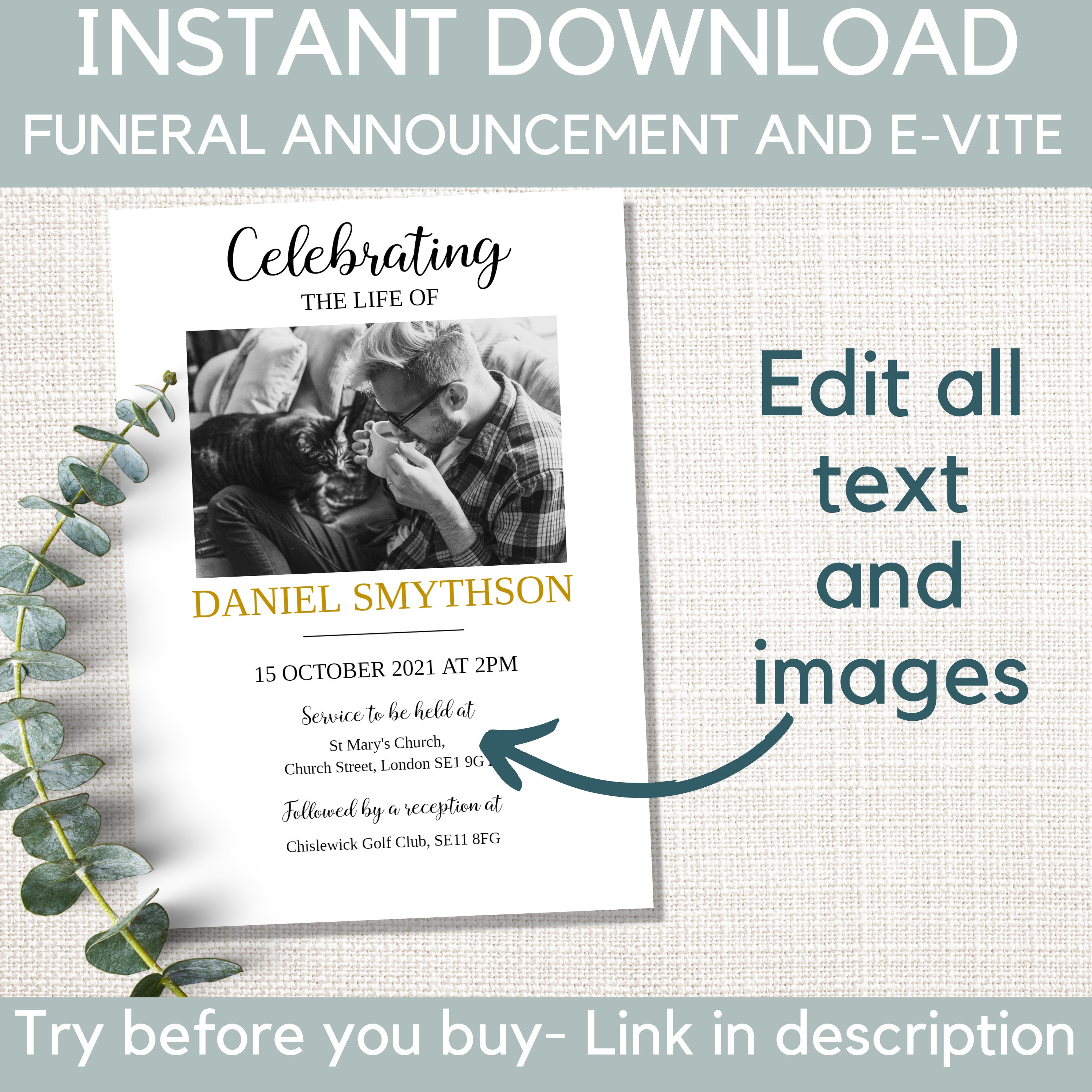 Funeral Announcement Template. Celebration of Life Funeral - Etsy