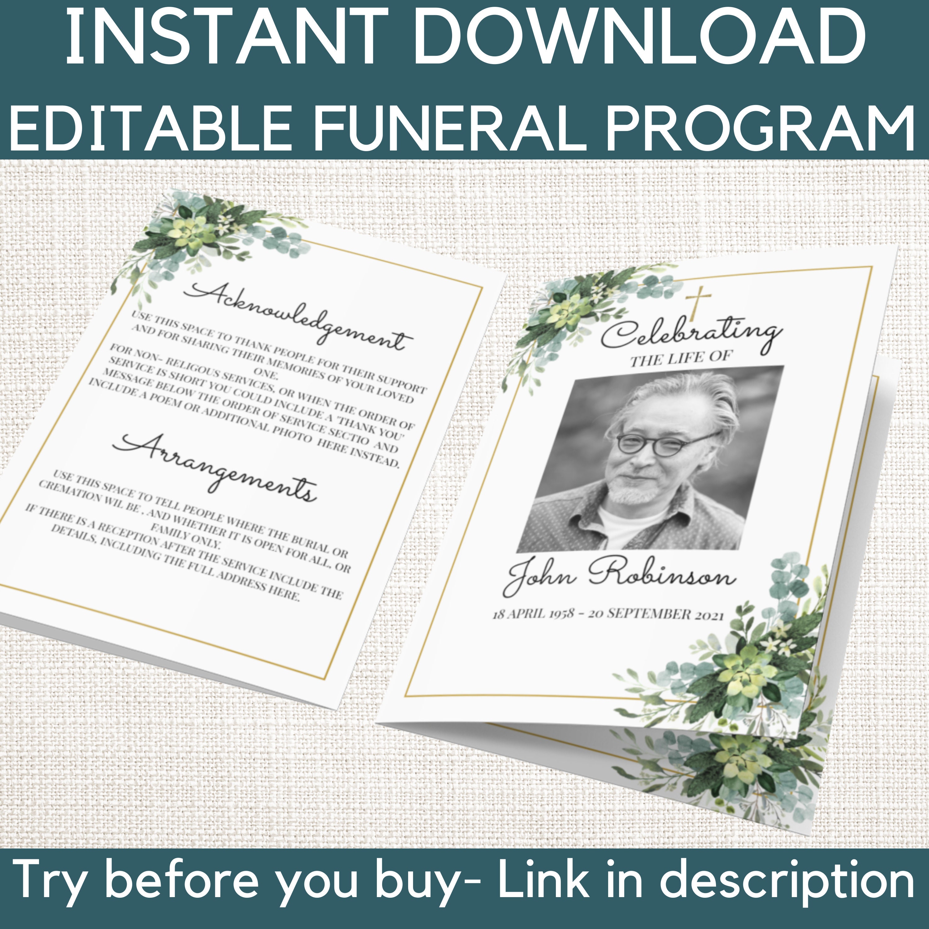 Editable Funeral Program Template. Greenery Funeral Template. in Loving ...