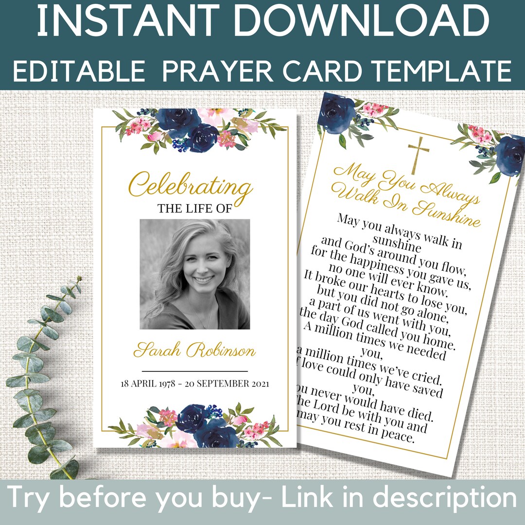 Editable Funeral Prayer Card Template, Printable Memorial Prayer Card ...