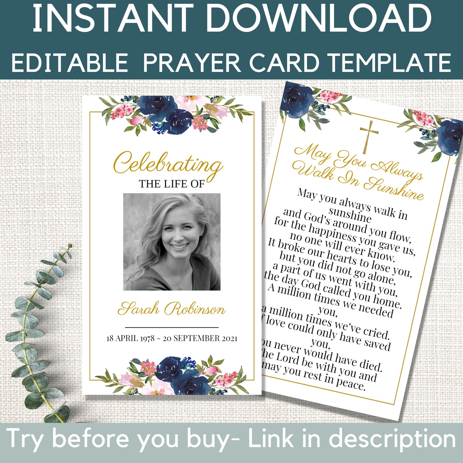 Editable Funeral Prayer Card Template Printable Memorial - Etsy UK