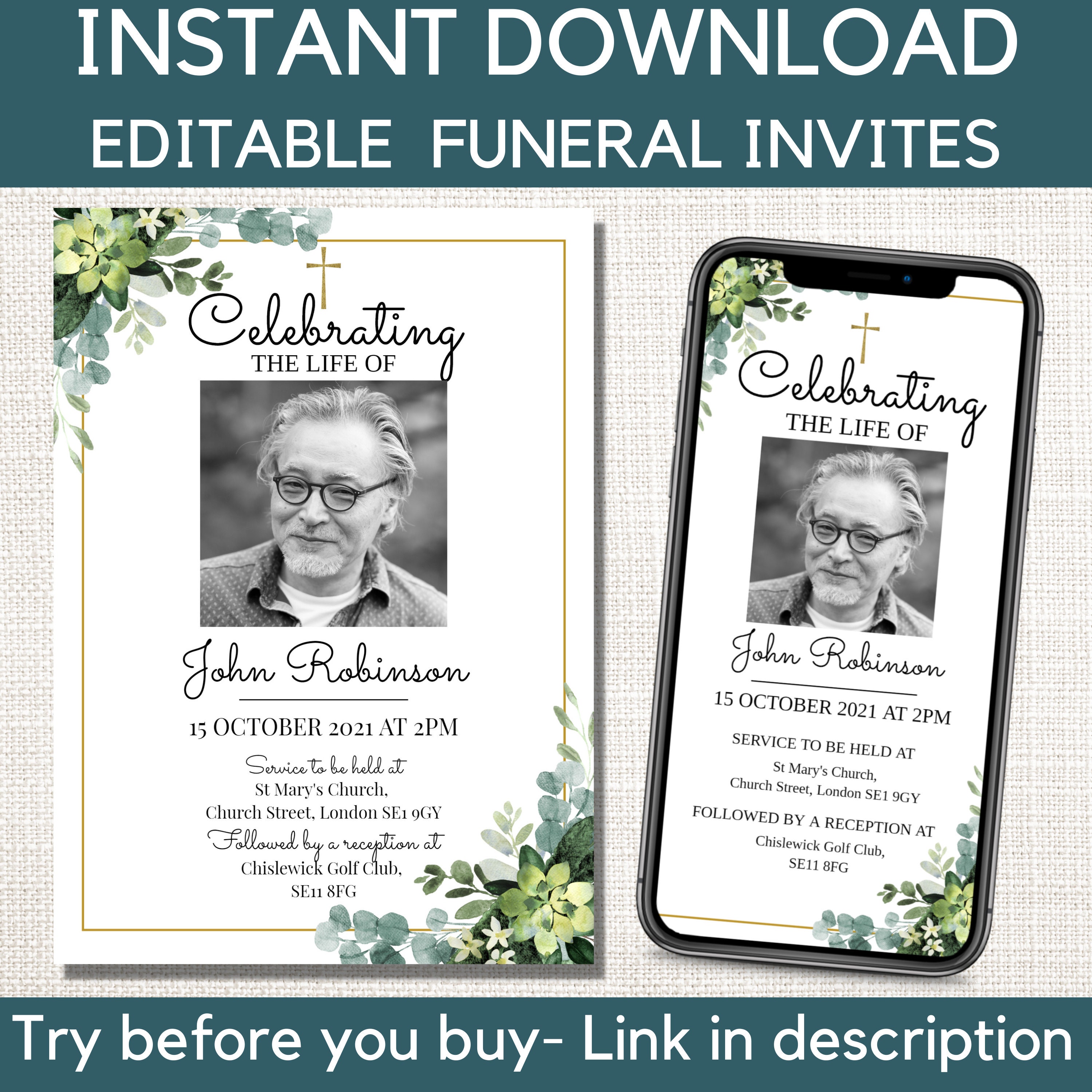 Celebration of Life Digital Funeral Invite and Printable Funeral ...