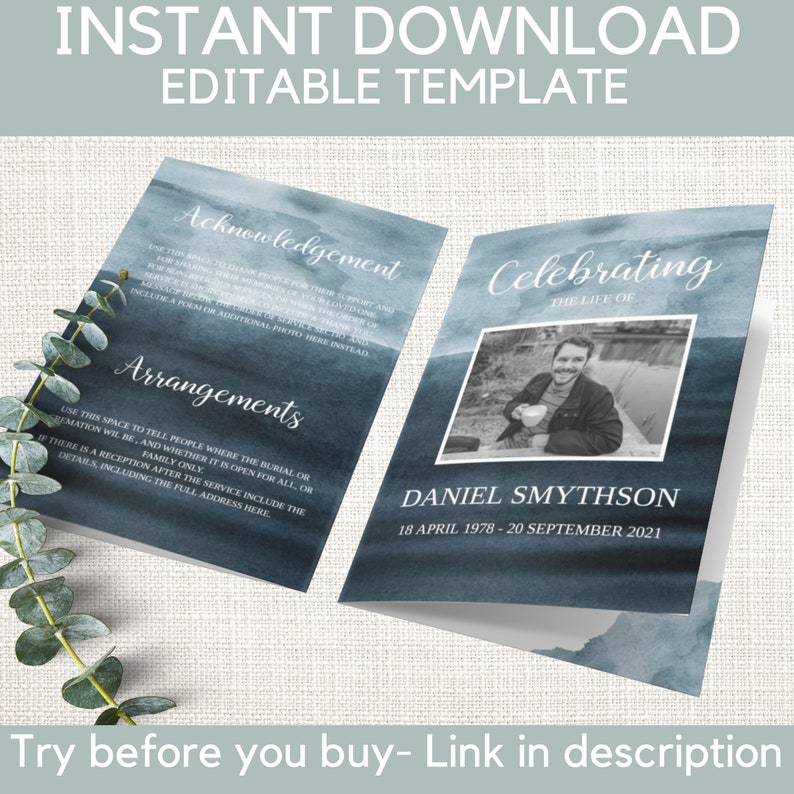 Editable Funeral Program Template for Men. Celebration of Life - Etsy UK