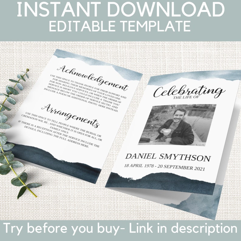 Editable Funeral Program Template for Men. Celebration of Life or ...