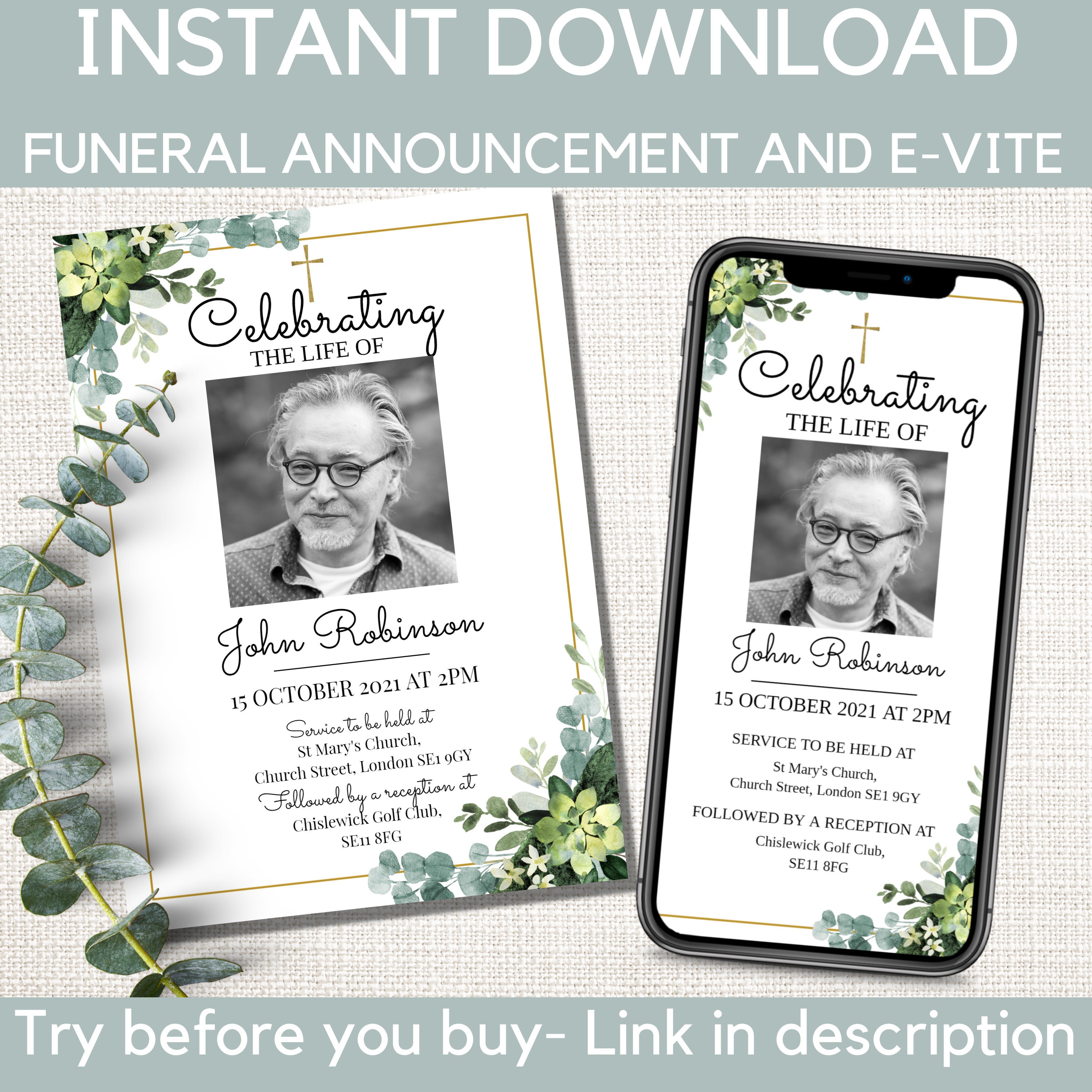 Celebration of Life Digital Funeral Invite and Printable Funeral ...