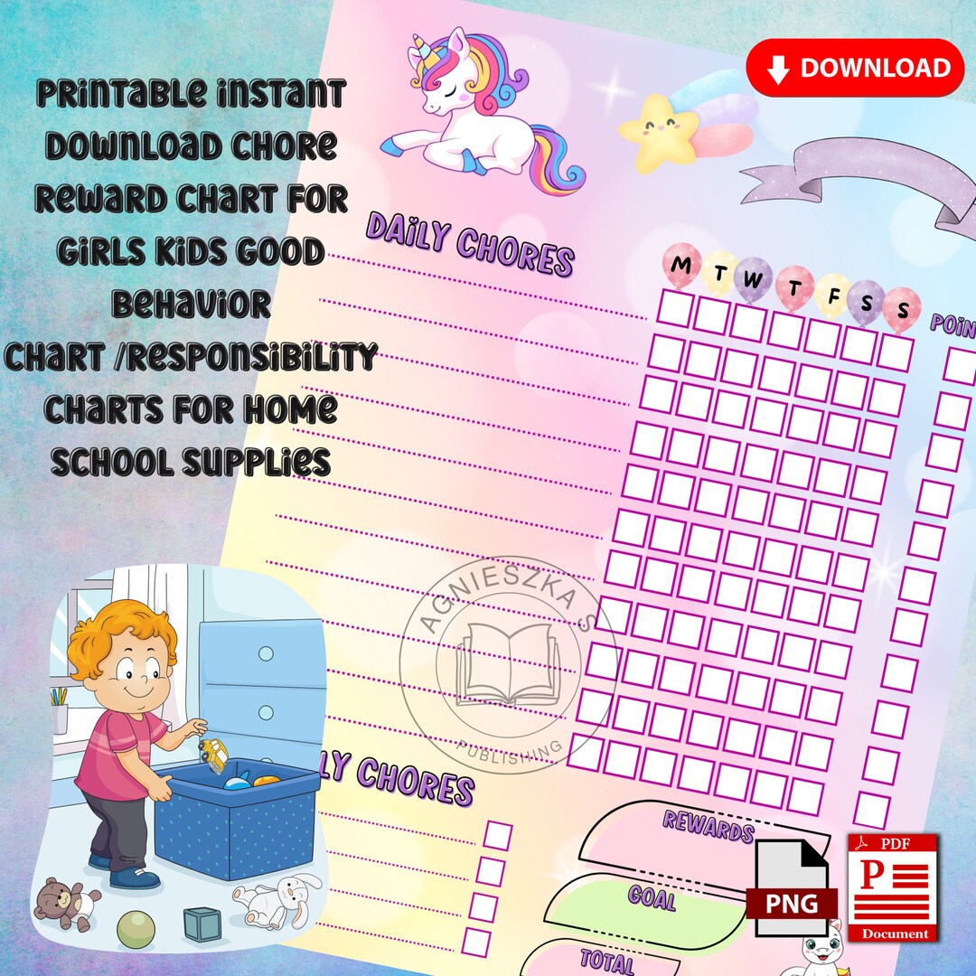 Printable Instant Download UNICORN Chore Reward Chart for Girls Kids ...