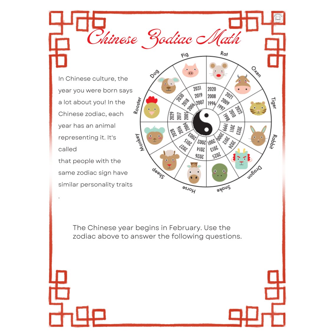 Printable Chinse Zodiac Math. Digital Download Workseets for Kids to ...