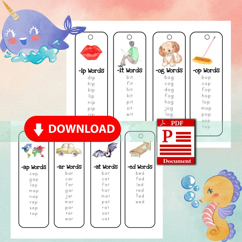 Printable CVC Words Bookmarks, Word Families, Kindergarten Printable ...