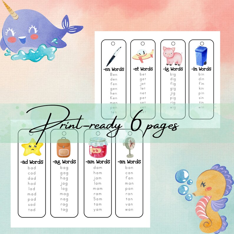 Printable CVC Words Bookmarks Word Families Kindergarten - Etsy