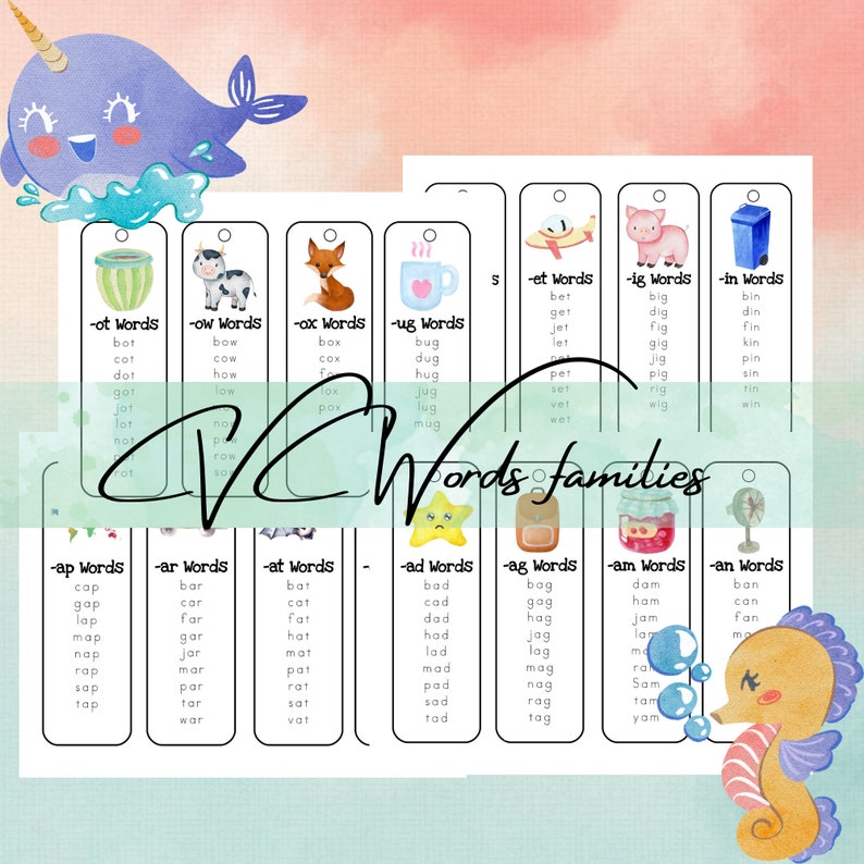 Printable CVC Words Bookmarks Word Families Kindergarten - Etsy