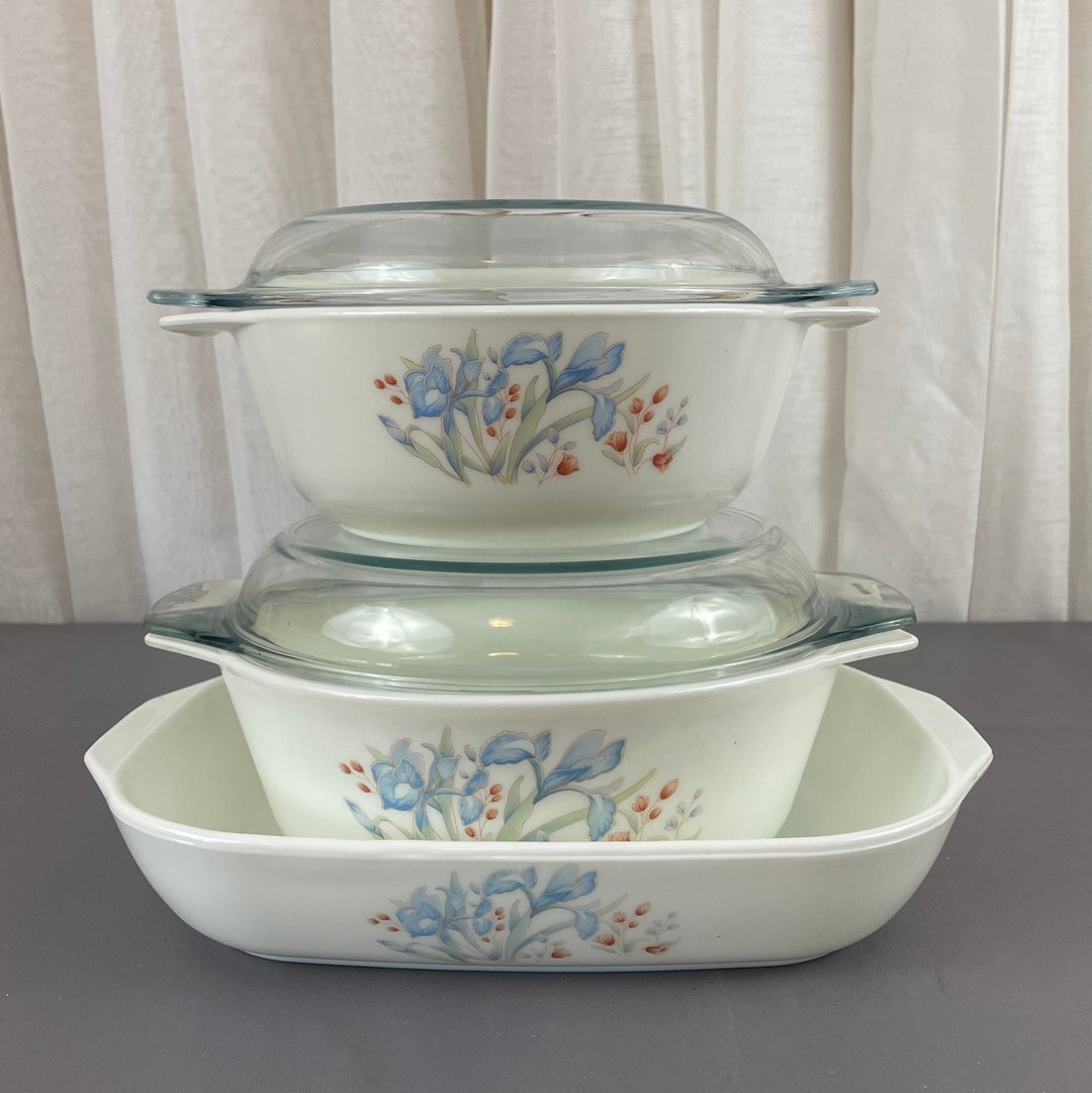 Pyrex Blue Iris Round and Rectangle Casserole Dishes Made in England ...