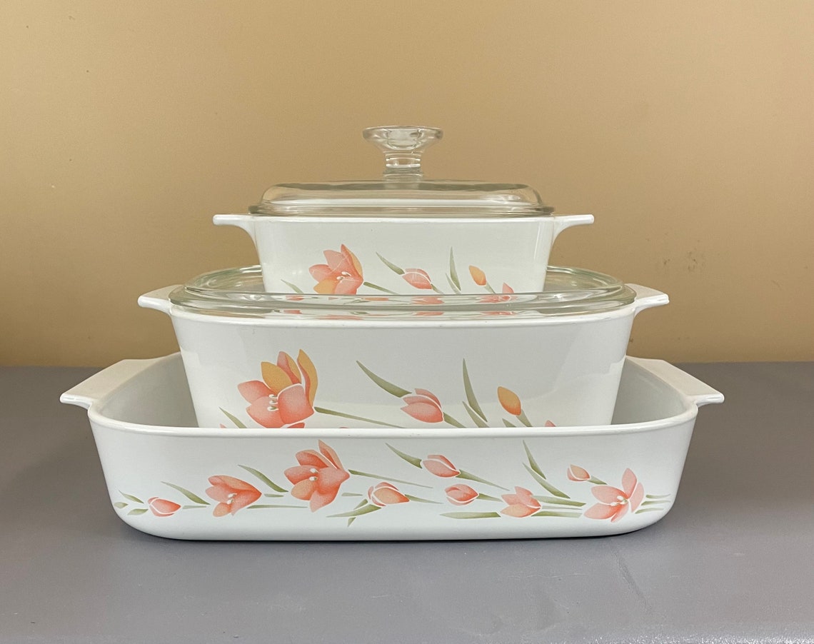 Corning Ware in Peach Floral Pattern Casseroles With Glass - Etsy