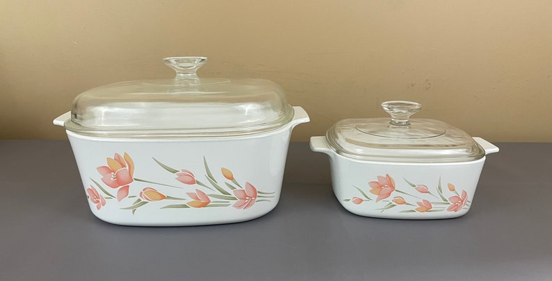 Corning Ware in Peach Floral Pattern Casseroles With Glass Lids/ Open ...