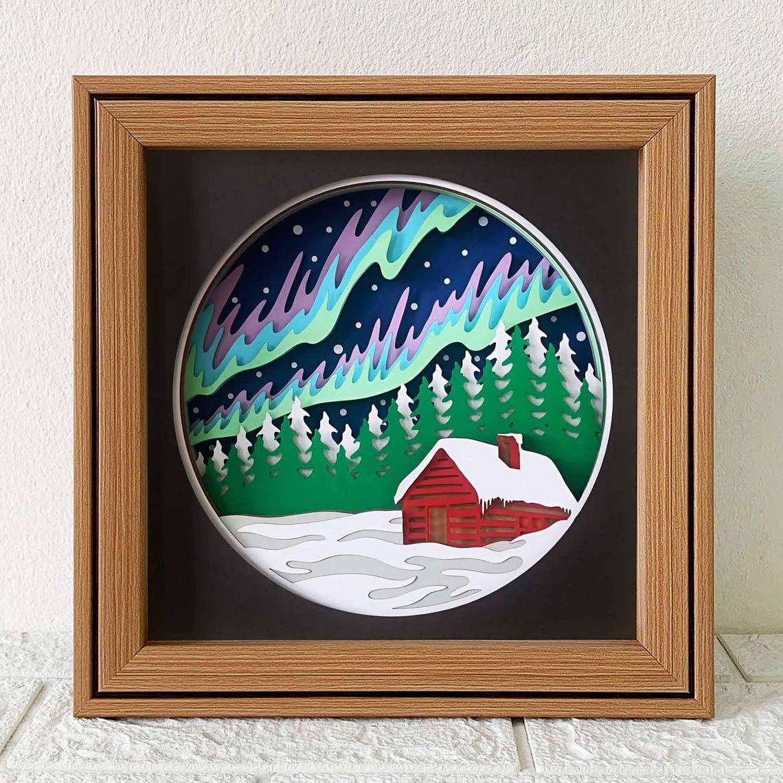 Winter Log Cabin 3D Shadow Box SVG, Northern Lights Cricut File ...