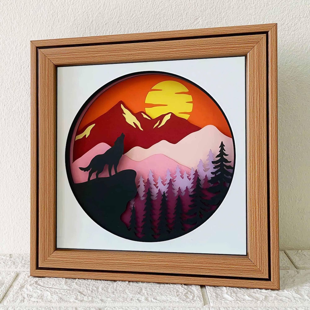 3D Mountain SVG/ Mountain and Wolf Shadow Box SVG/ Nature Wall Art ...