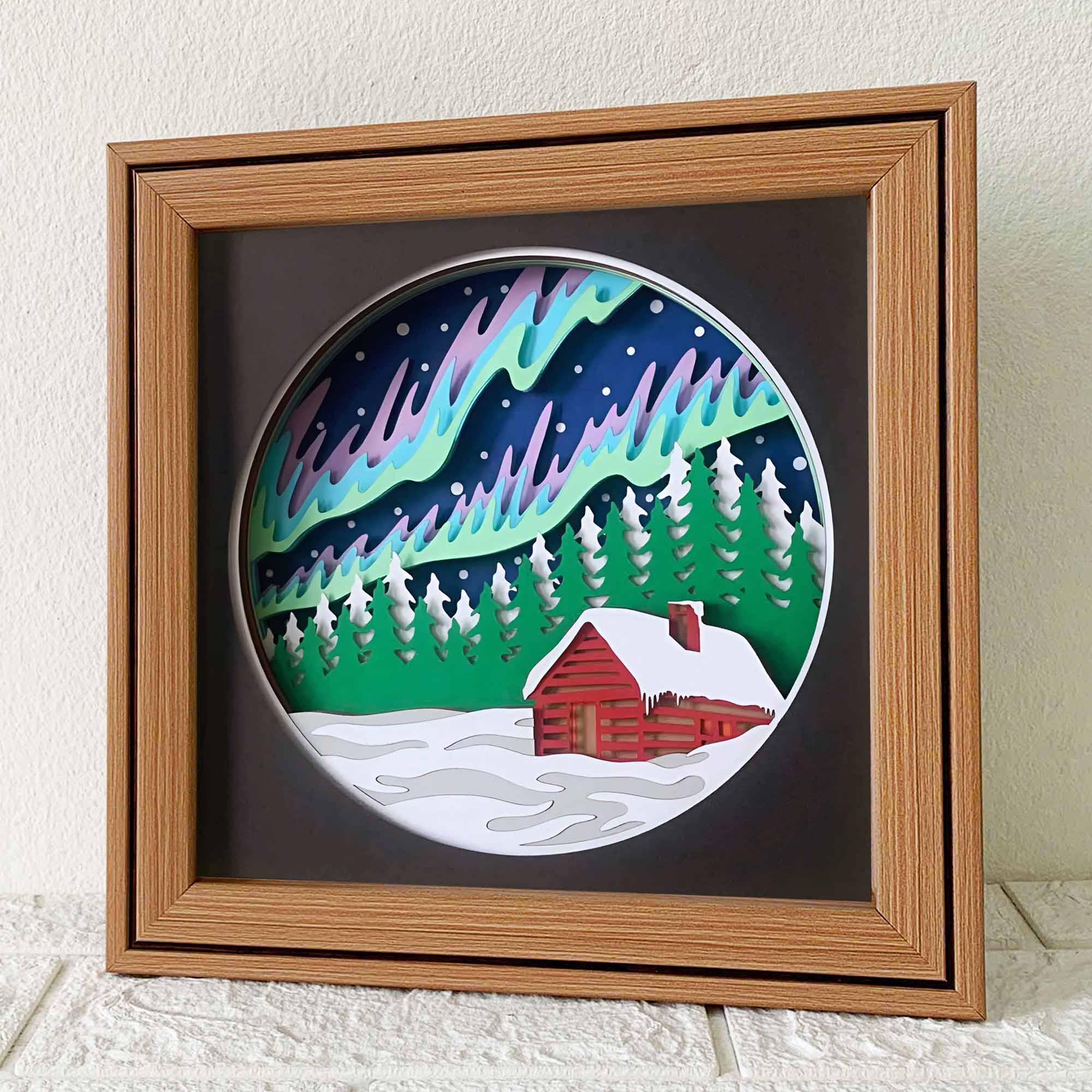Winter Log Cabin 3D Shadow Box SVG, Northern Lights Cricut File ...