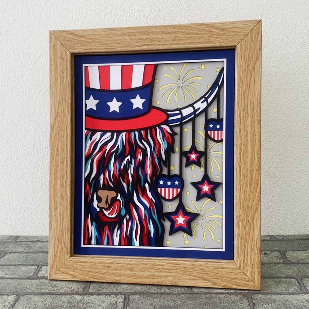 Fourth of July Highland Cow 3D SVG/ Cow Uncle Sam Hat Shadow Box ...