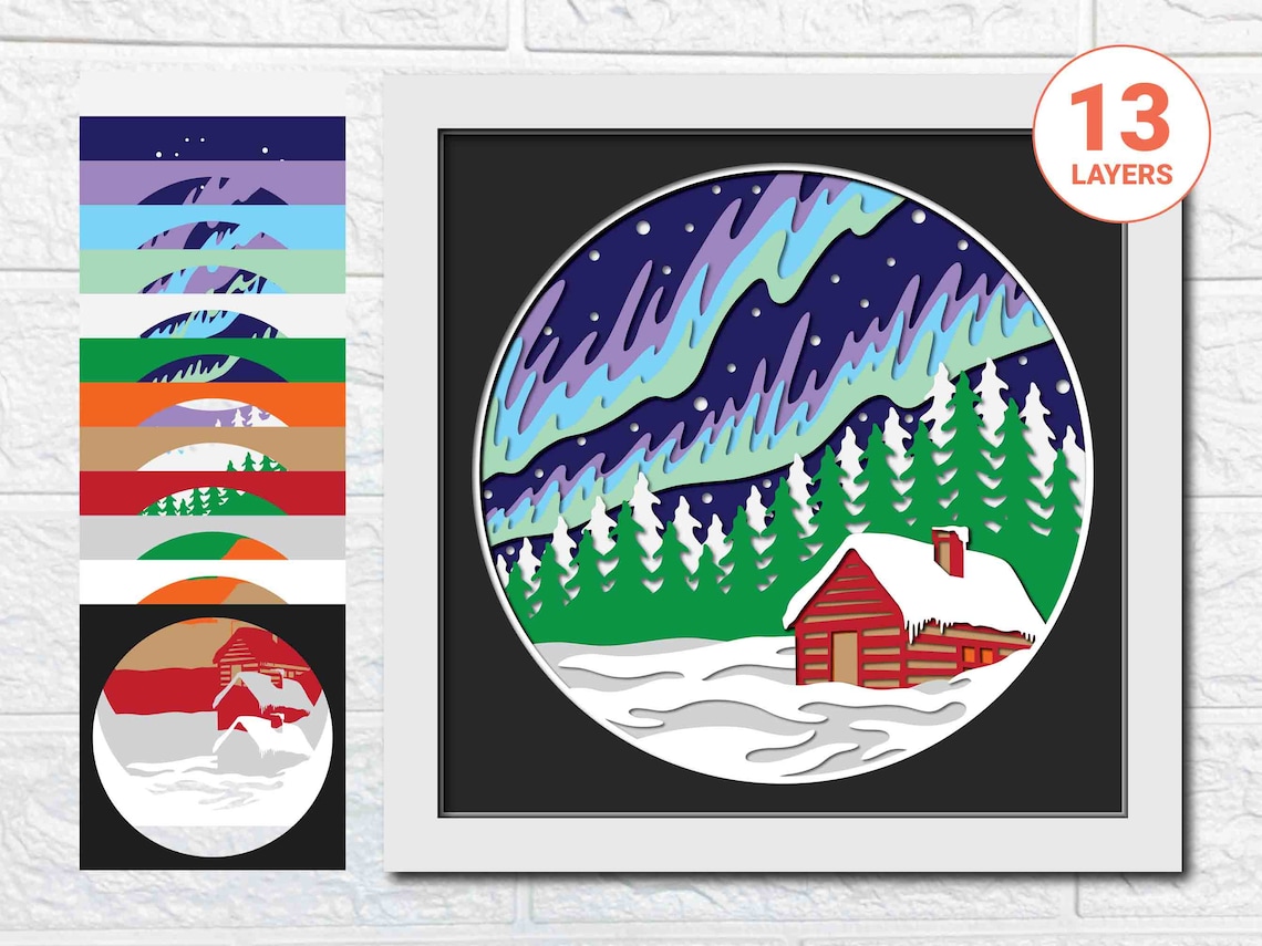 Nordic Winter 3D Shadow Box SVG/ Northern Lights 3D Layered - Etsy