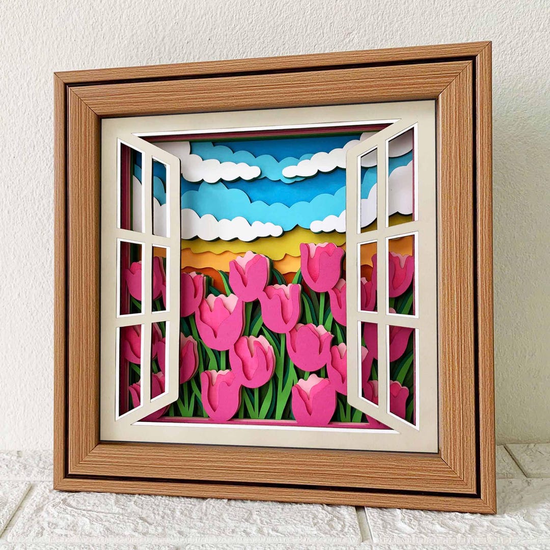 Window Tulip Field 3D Shadow Box SVG/ Papercut Art Tulips/ Flower Field ...