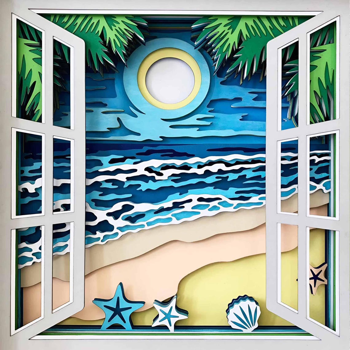 3D Beach Scene Shadow Box SVG, Summer Window View Papercut Art (digital ...