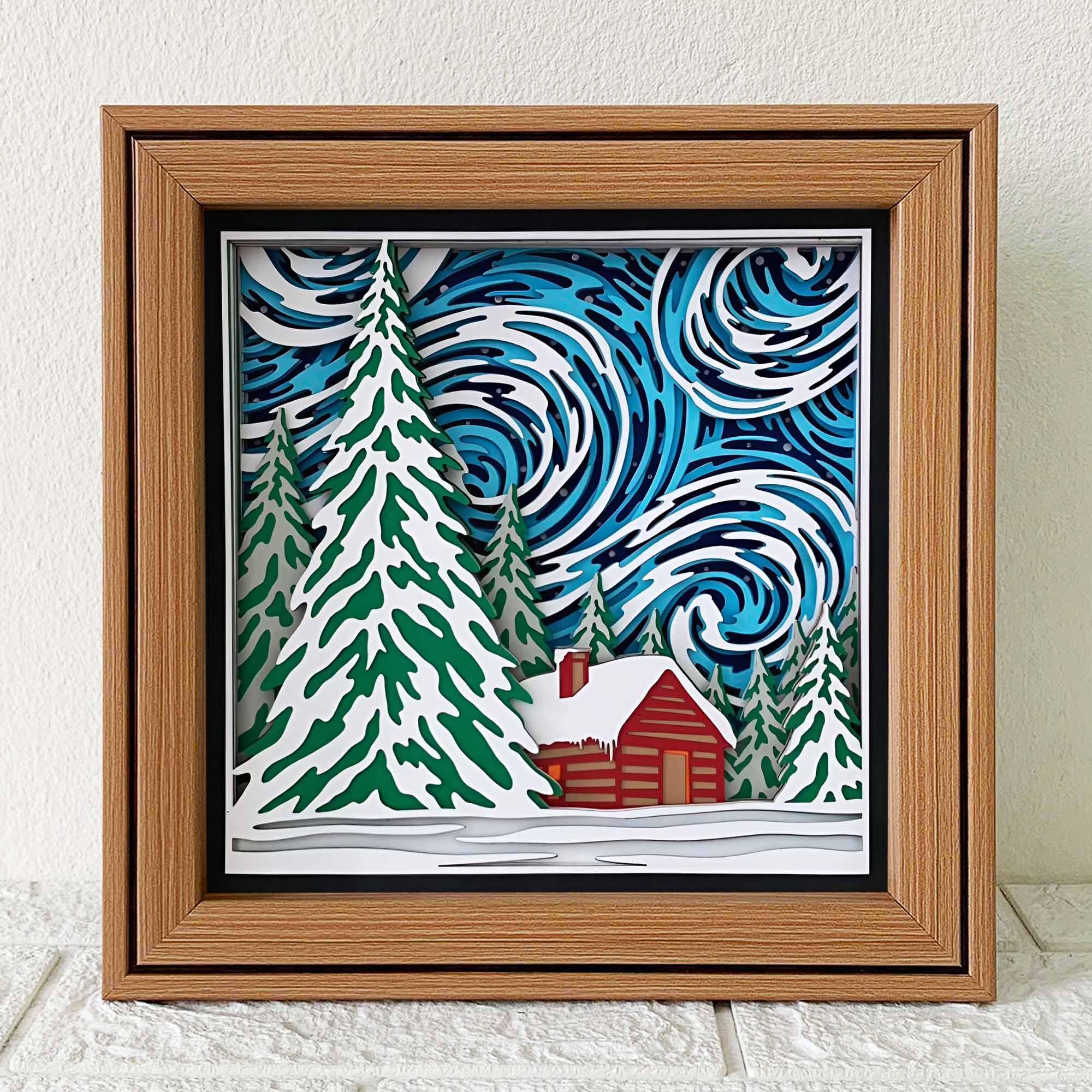 Winter Log Cabin 3D Shadow Box SVG, Multilayer Papercut Wall Art ...