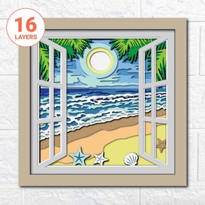 Beach Scene From Window 3D Shadow Box SVG/ 3D Beach Layered SVG/ Summer ...