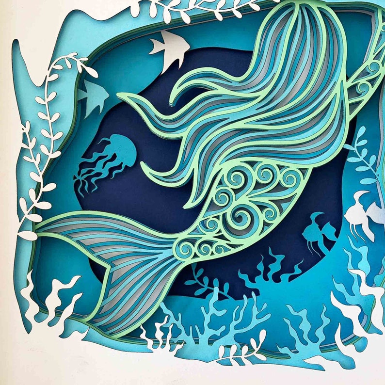Mermaid 3D Shadow Box SVG/ Multilayer Mermaid and the Ocean/ Mermaid ...