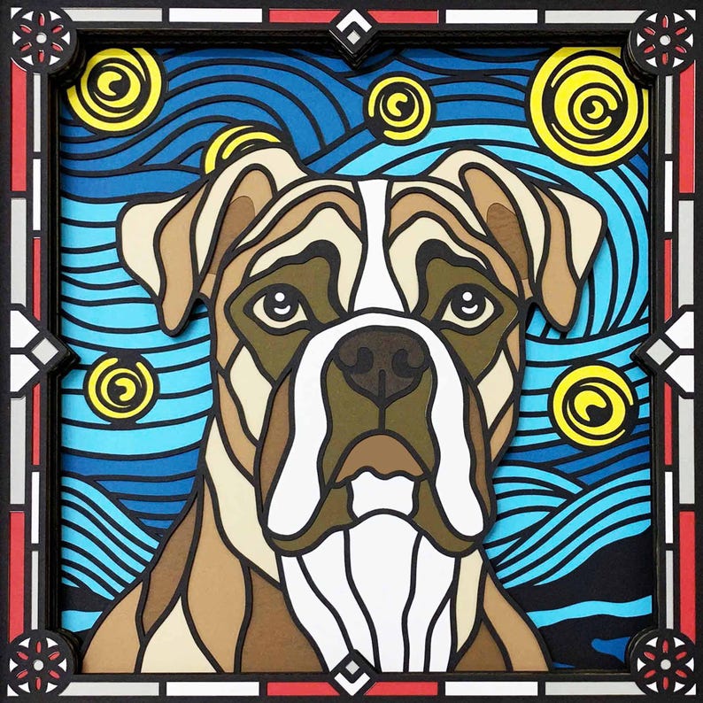 Boxer Dog Starry Night 3D Shadow Box SVG/ 3D SVG Boxer Stained Glass ...
