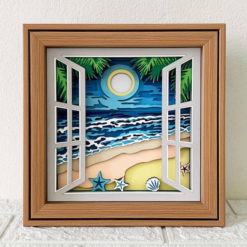3D Beach Scene Shadow Box SVG, Summer Window View Papercut Art (digital ...