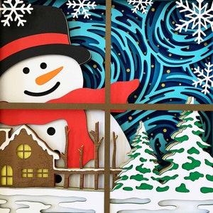 3D Snowman Window Shadow Box SVG/ Winter Window Scene/ Christmas Starry ...