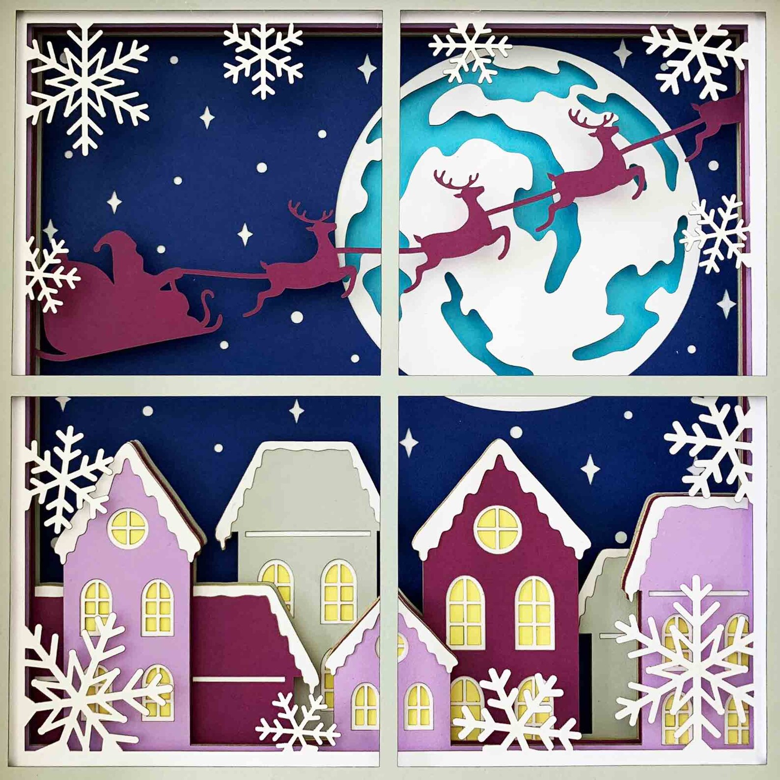 Christmas Night Window Shadow Box SVG: Santa, Moon, Houses (digital ...