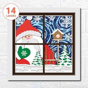 3D Santa Window Shadow Box SVG/ Winter Window Scene/ Christmas Starry ...