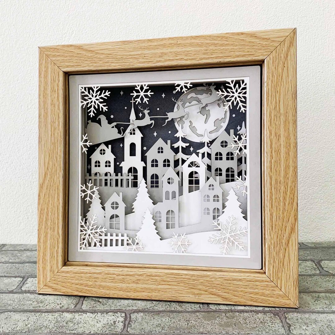 3D Christmas Village Shadow Box SVG/ Santa Fly Over the Moon 3D Layered ...