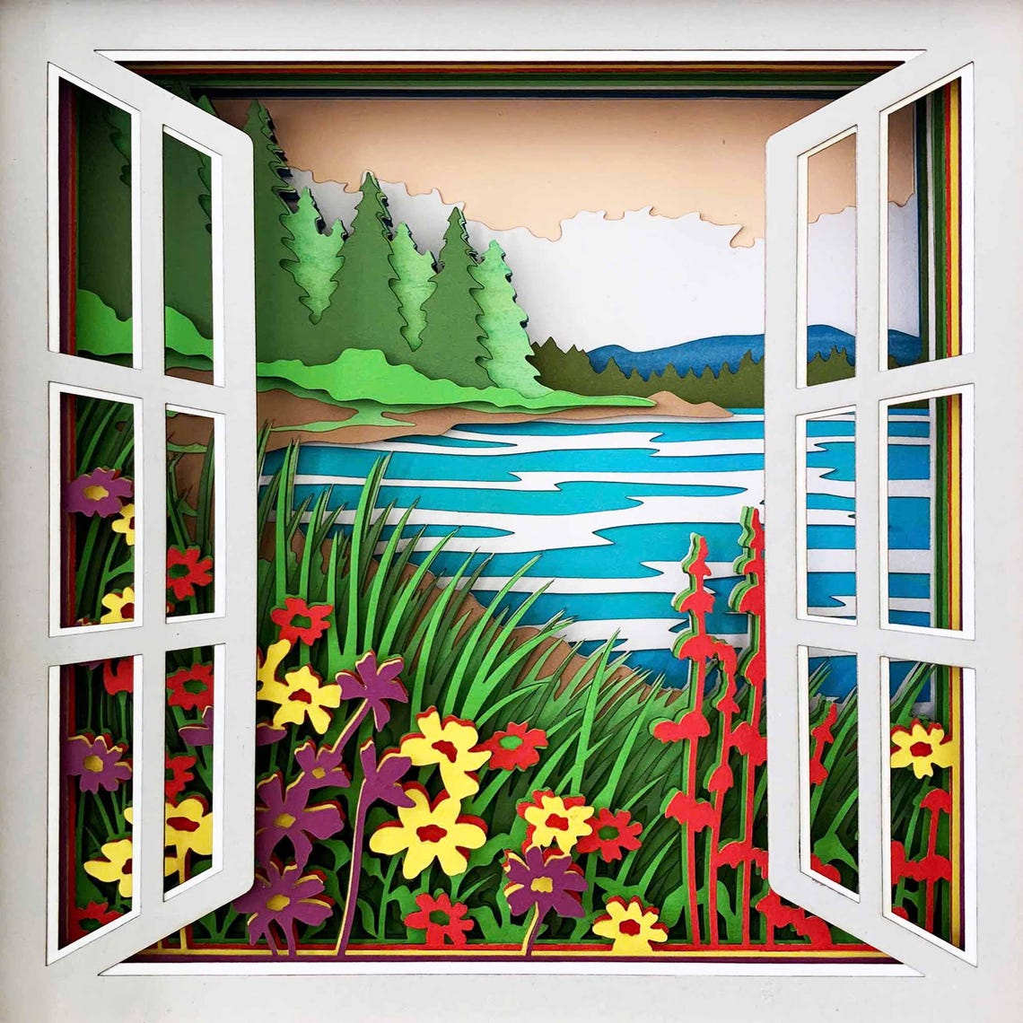 3D Lake Scene Shadow Box SVG, Window View Papercut Art (digital ...