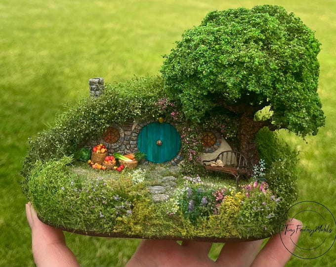 Hobbit House With Vegetables, Bench and Tree | Miniature Garden - Etsy