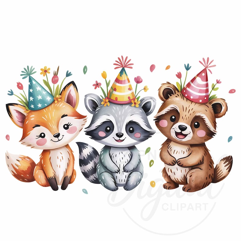 Woodland Animals Birthday Clipart: Watercolor PNG Set (digital Download ...