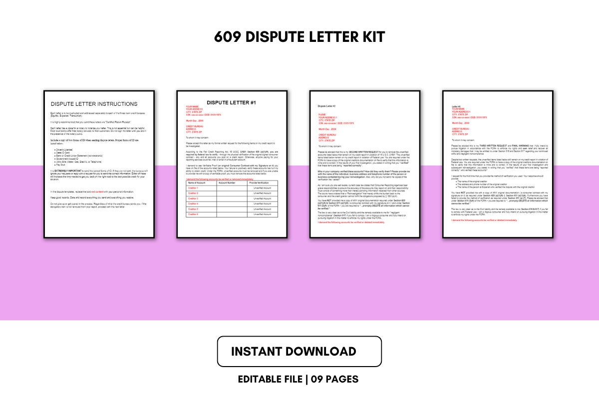 609 Dispute Letter Kit Debt Notary Form Debt Validation Remove ...