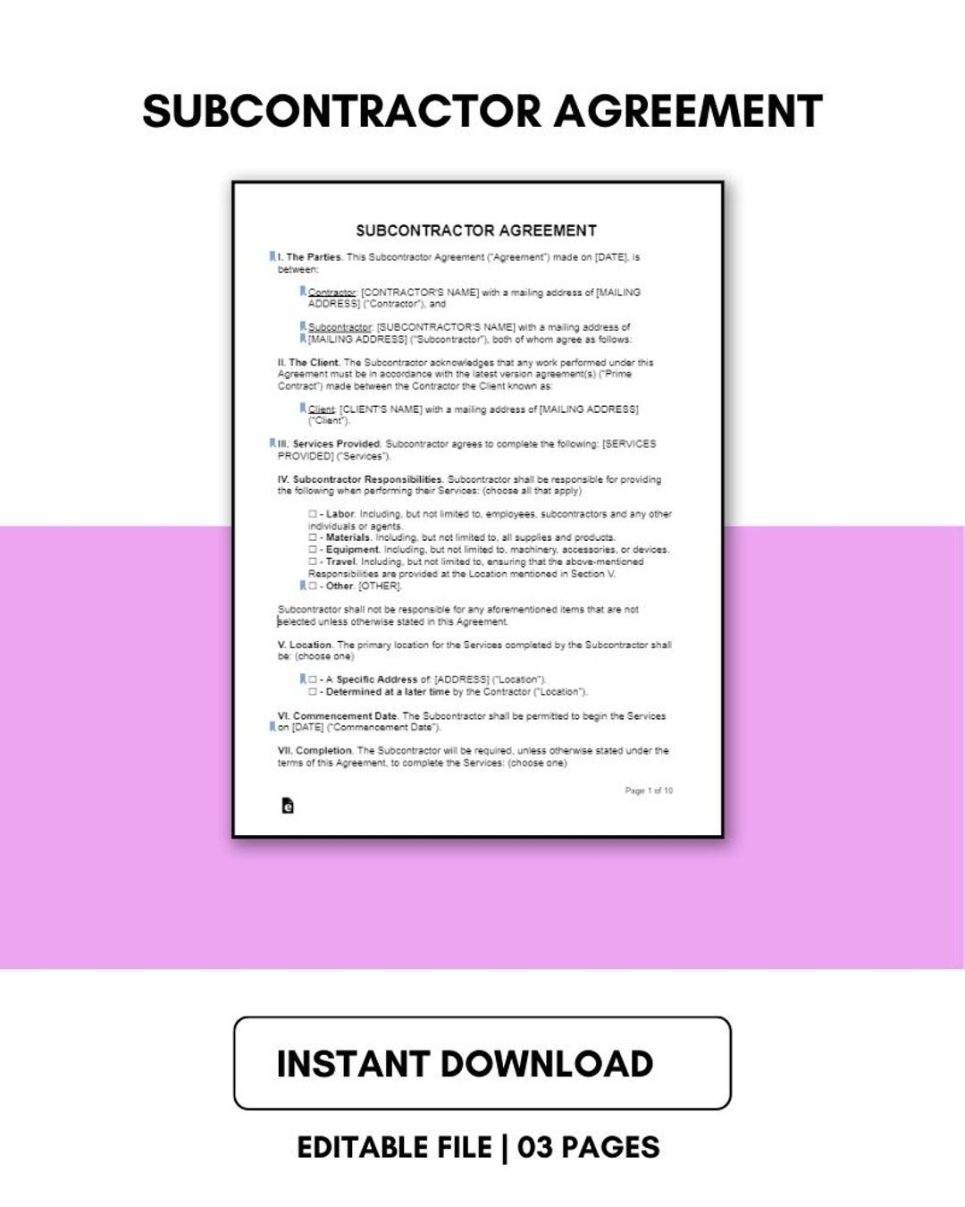 Subcontractor Agreement Contract Form Template Business Contract ...