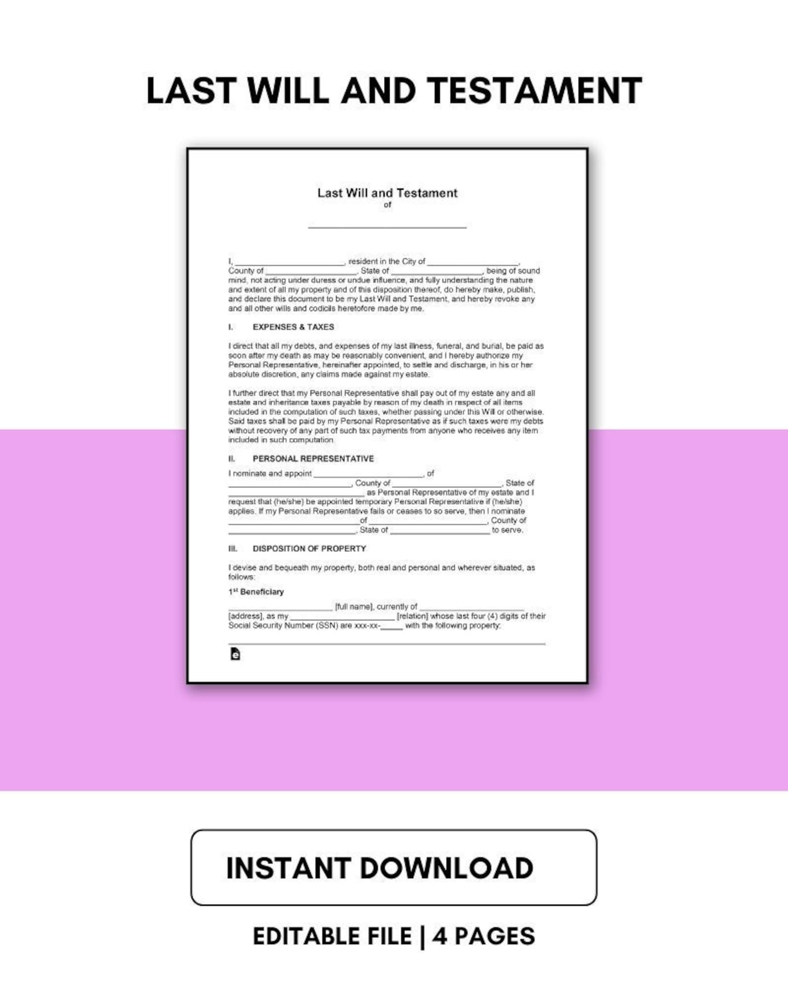 Last Will and Testament Contract Form Download Last Will and Testament ...