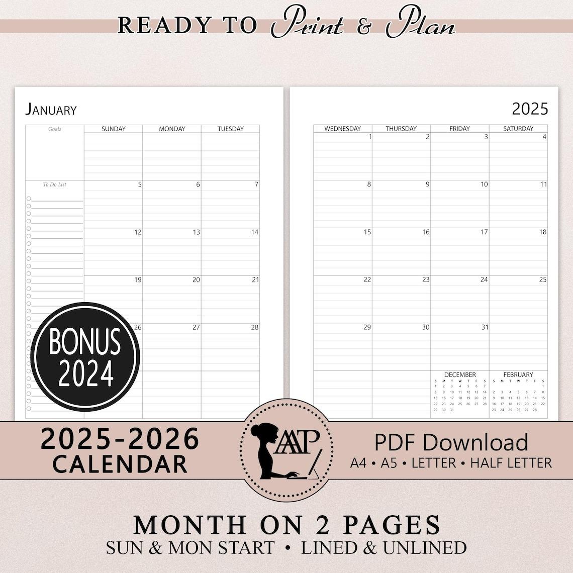 2025 2026 Monthly Calendar Printable Dated | Two 2 Page Lined Unlined ...