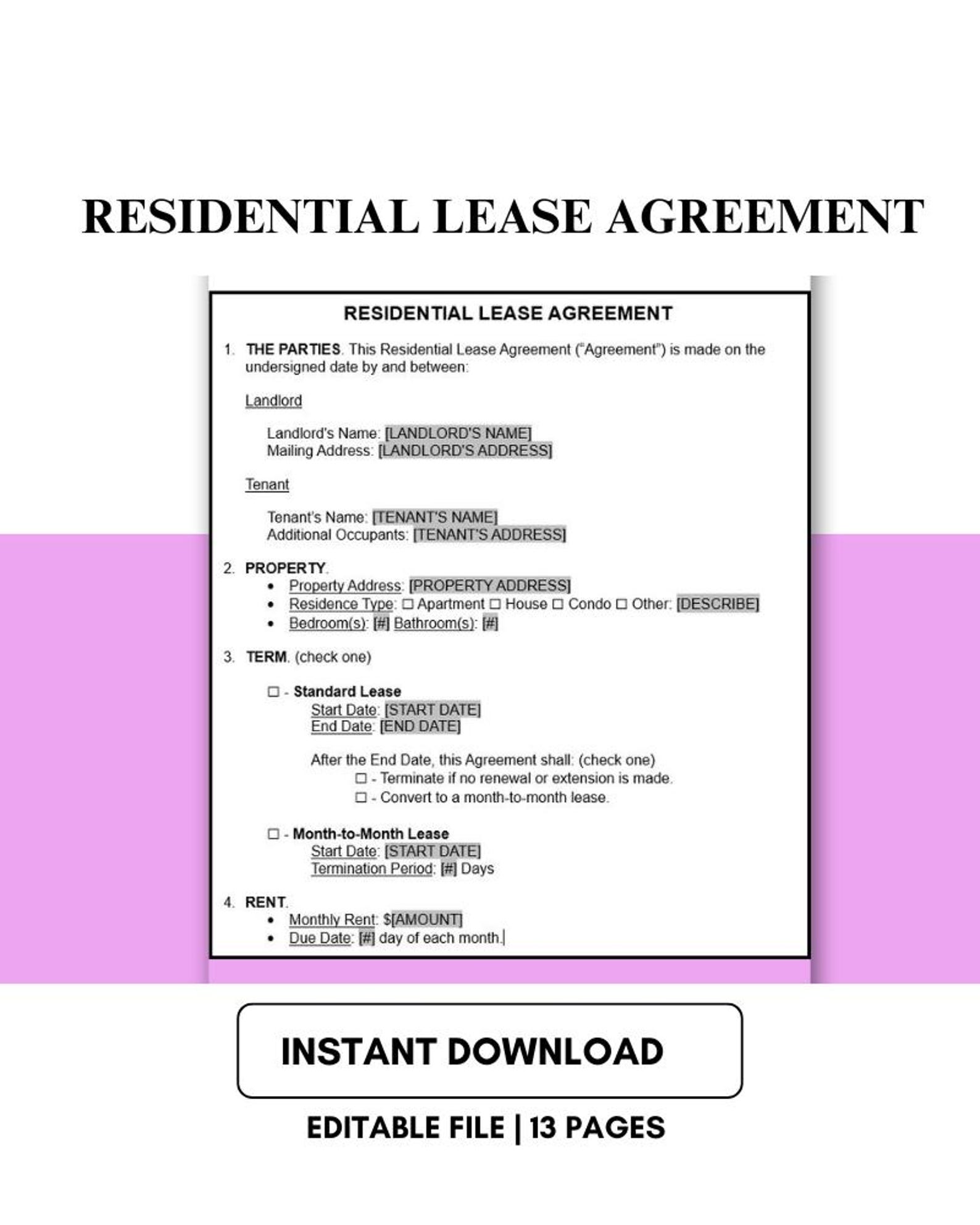 Residential Lease Agreement 13 Pages Housing Apartment Landlord Rental ...