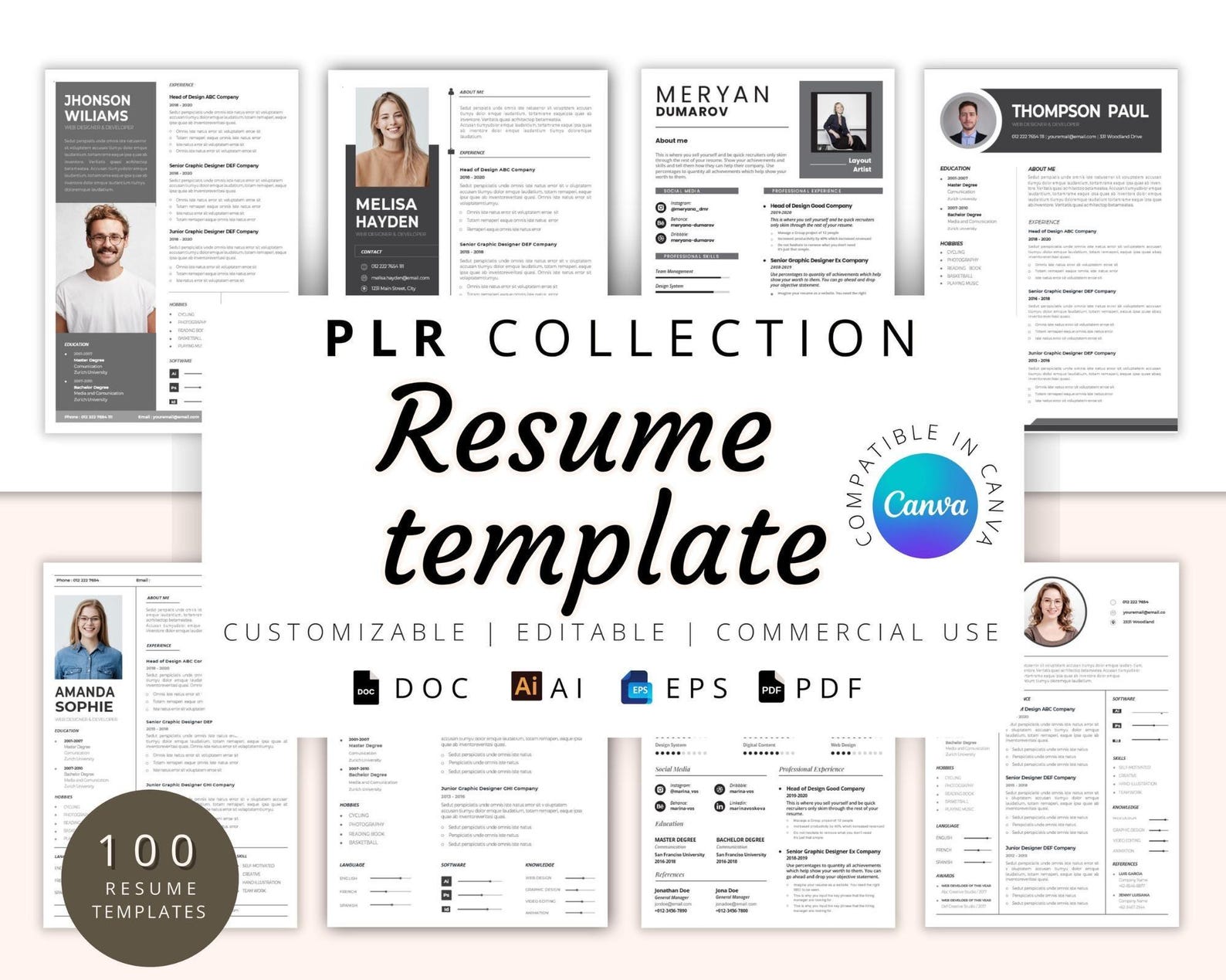 Resume Templates 100 Designs ATS Friendly Editable Download Canva Job ...