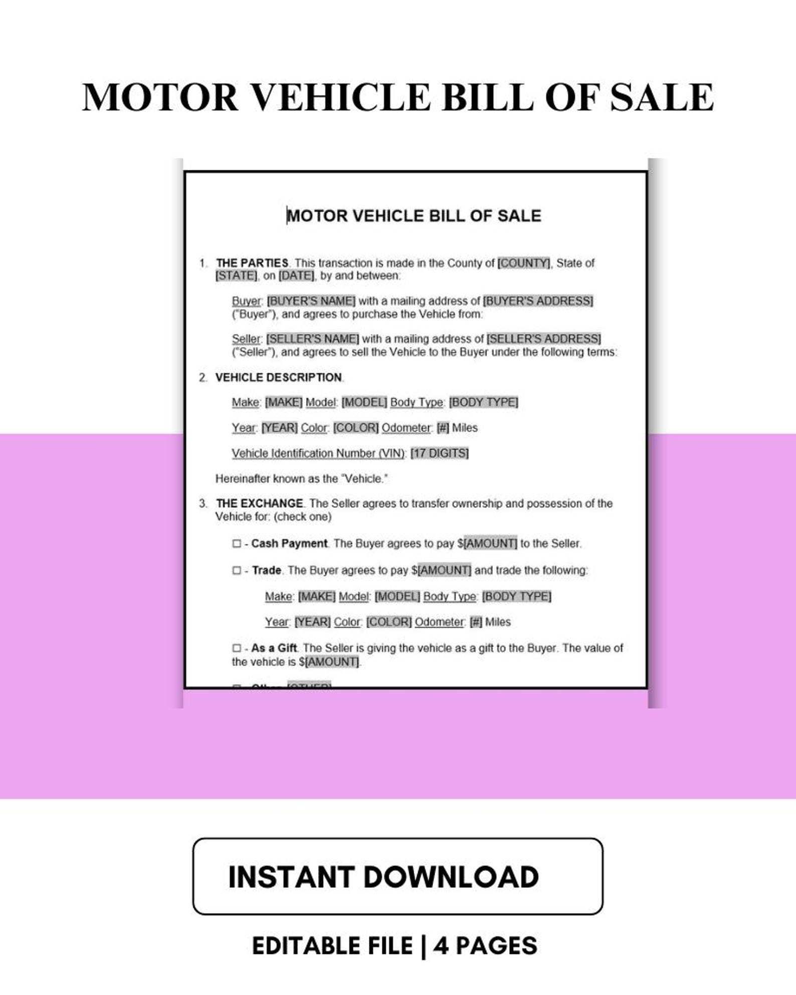 Motor Vehicle Bill of Sale Contract Form Car Motorcycle ATV Bill of ...