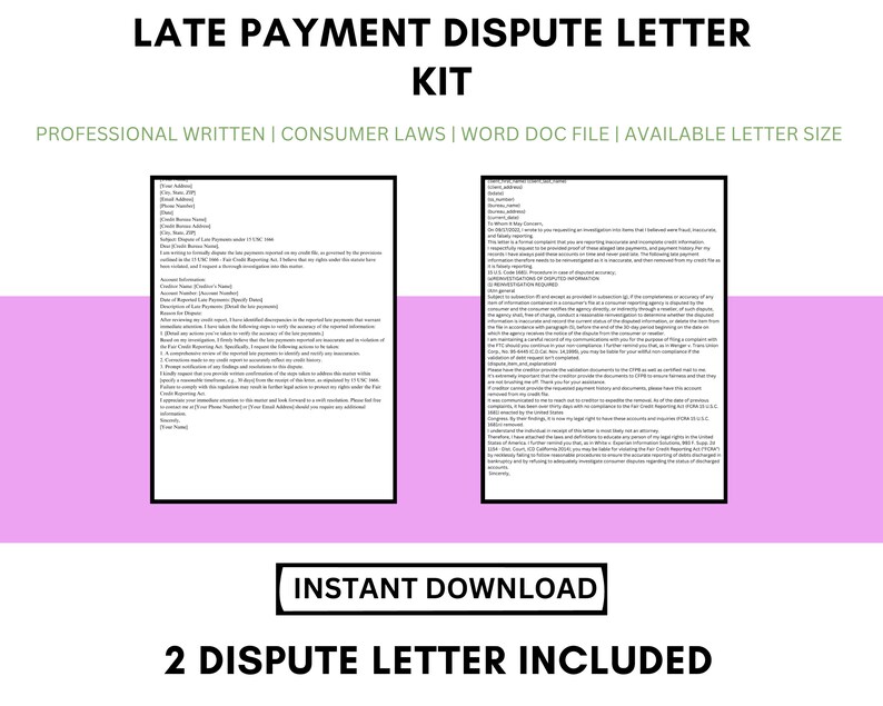 Late Payment Dispute Letter Kit | Late Payments Dispute | Credit Repair ...