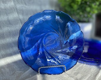Vintage Arcoroc France Cobalt Blue Glass Flower Petal Swirl 7 Salad or ...