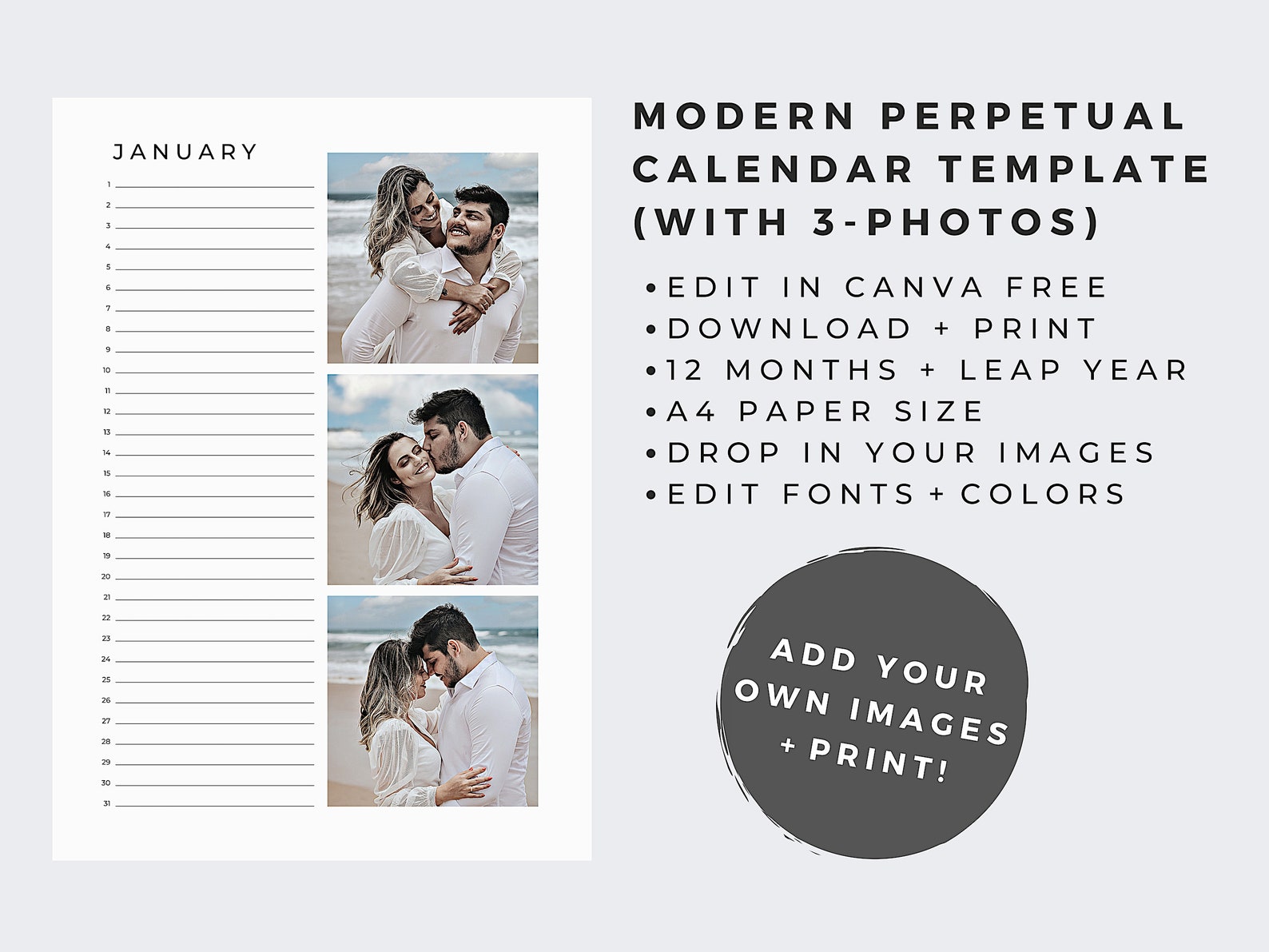 Perpetual Calendar Custom Photo Calendar Template Canva, Birthday ...