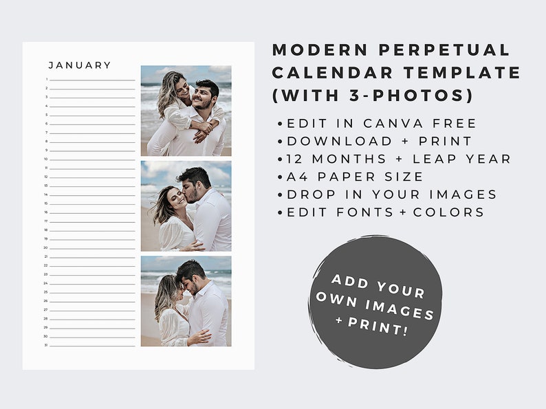 Perpetual Calendar Custom Photo Calendar Template Canva, Birthday ...