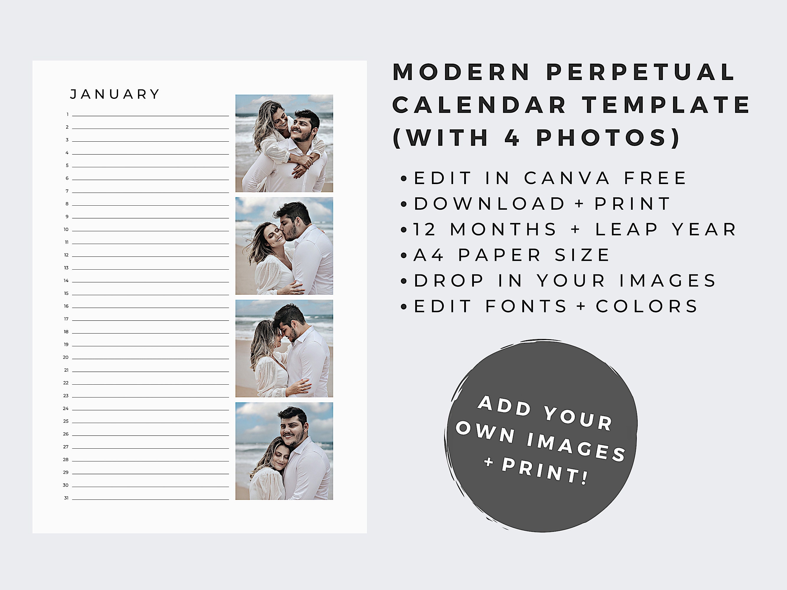 Perpetual Calendar Custom Photo Calendar Template Canva, Birthday ...