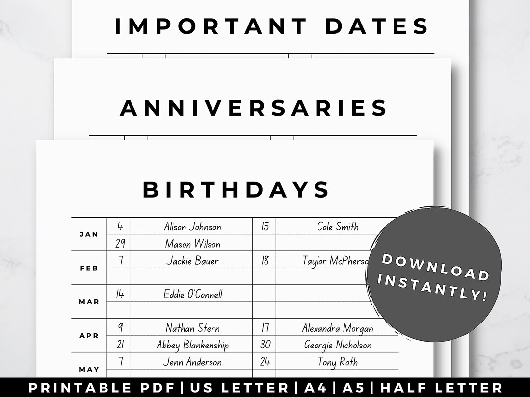 Perpetual Calendar Printable Pages Important Dates Event - Etsy