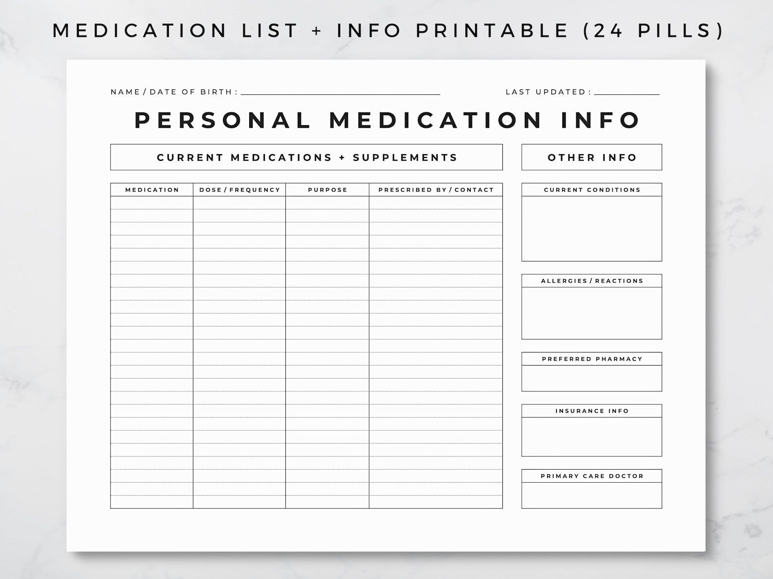 Medication Record Printable, Medication List and Info, Medical ...